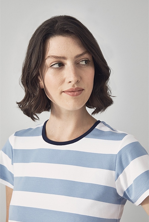 Chambray Blue Organic Cotton Stripe T-Shirt - WOMEN T-Shirts & Tops ...