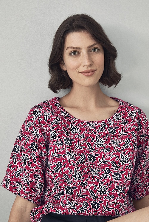 Dahlia Pink Folk Floral Print Top - WOMEN Shirts | Trenery