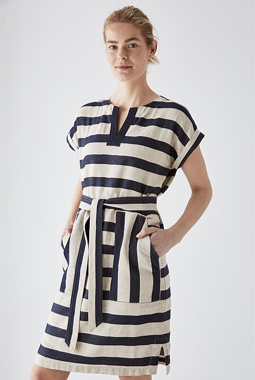 Night Sky Linen Blend Stripe Shift Dress - WOMEN Dresses | Trenery