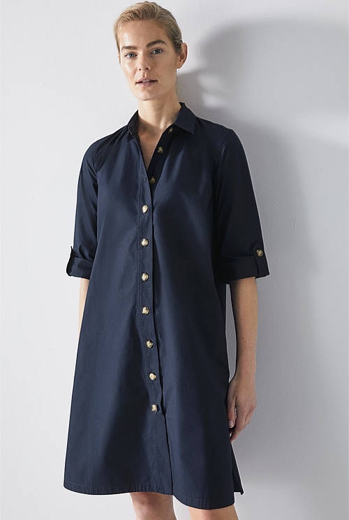 Night Sky Cotton Poplin Tab Sleeve Dress - WOMEN Dresses | Trenery