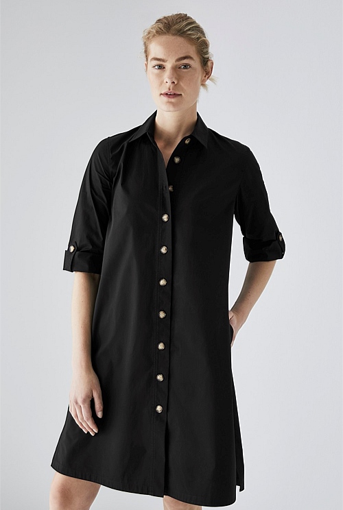 Black Cotton Poplin Tab Sleeve Dress - WOMEN Dresses | Trenery