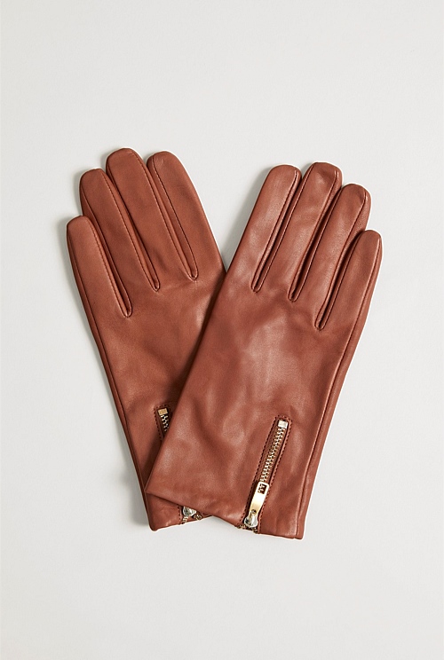 Tan Leather Short Zip Glove - WOMEN Hats, Scarves & Gloves | Trenery