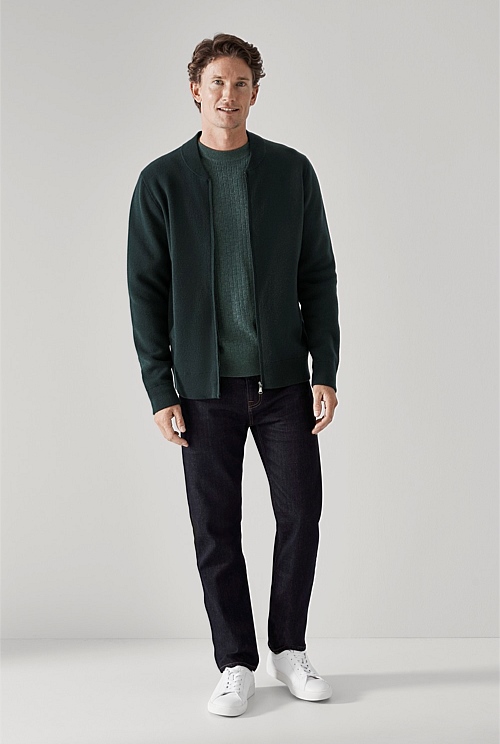 Dark Olive Double Knit Bomber Cardigan - MEN Knitwear | Trenery