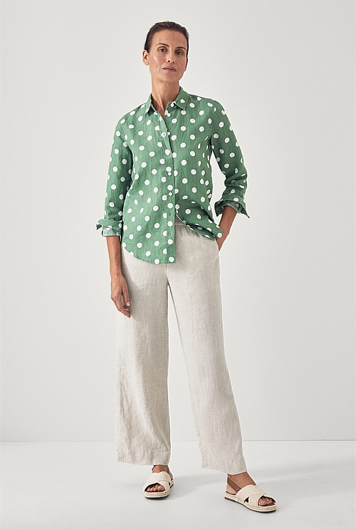 Fern Green French Linen Spot Print Shirt - WOMEN Shirts | Trenery