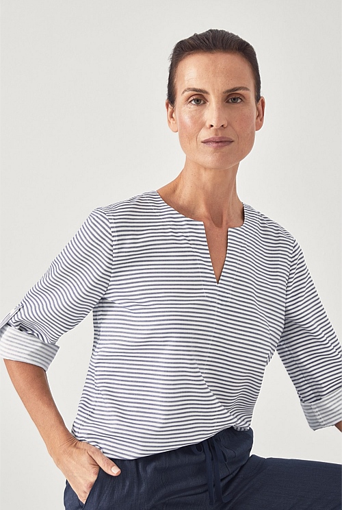 Night Sky Cotton Modal Stripe Vent Neck Top - WOMEN Shirts | Trenery