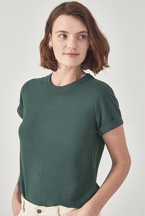 Seaweed Linen Cotton Cuff Sleeve T-shirt - WOMEN T-Shirts & Tops | Trenery
