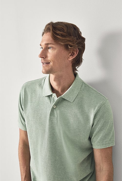 Pale Green Cotton Pique Marle Polo - MEN T-Shirts | Trenery