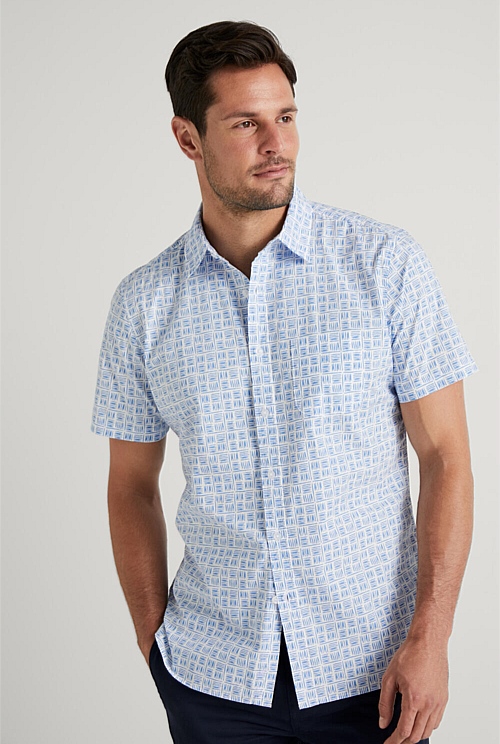 Delft Blue Regular Lattice Short Sleeve Shirt - MEN Shirts | Trenery