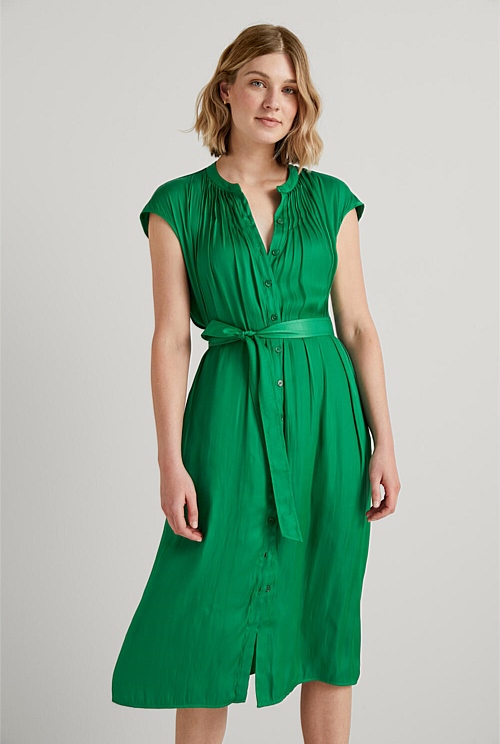 Amazon Green Pintuck Detail Dress - WOMEN Dresses | Trenery