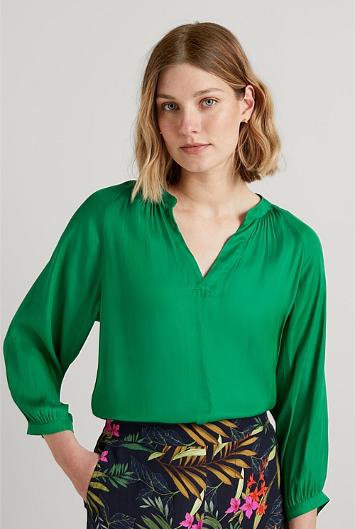 Amazon Green Raglan Sleeve Vent Neck Blouse - WOMEN Shirts | Trenery