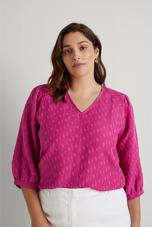 Raspberry Pink Clipped Jacquard Boho Blouse - WOMEN Shirts | Trenery