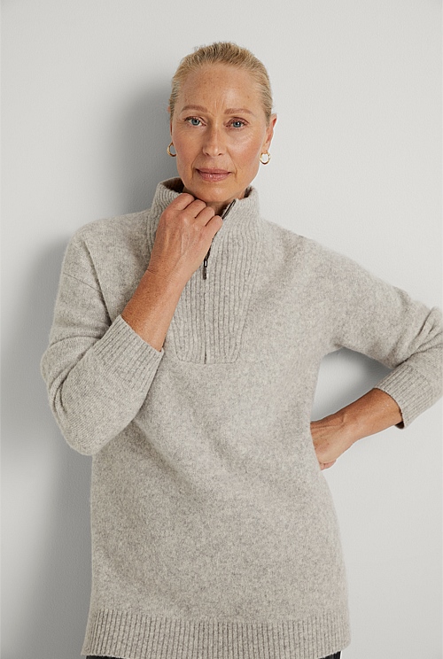 Light Grey Melange Merino Blend Half Zip Tunic - WOMEN Knitwear | Trenery