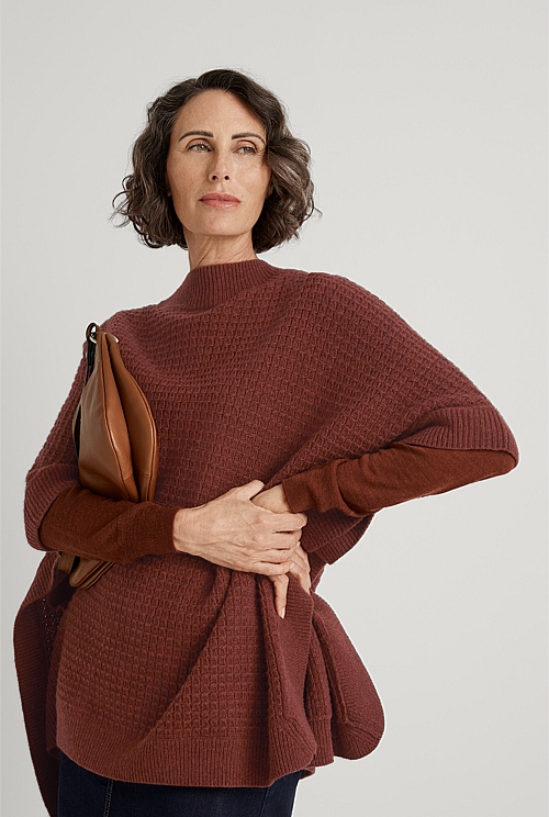 Cinnamon Wool Mock Neck Poncho - WOMEN Hats & Scarves | Trenery