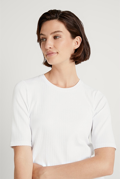 White Stretch Cotton Rib Half Sleeve T-shirt - WOMEN T-Shirts & Tops ...