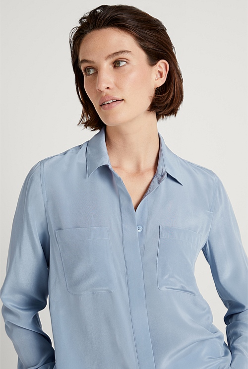 Blue Grey Silk Pocket Detail Shirt - WOMEN Shirts | Trenery