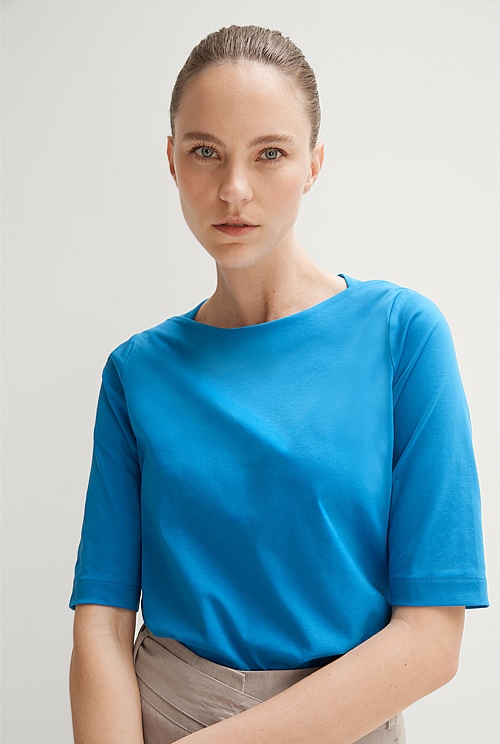Sea Blue Cotton Interlock Boatneck T-shirt - WOMEN T-Shirts & Tops ...