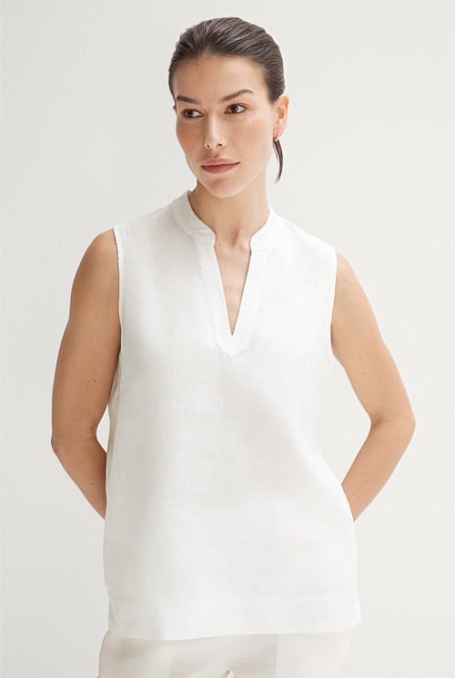 White Linen Vent Neck Tank - WOMEN Shirts | Trenery