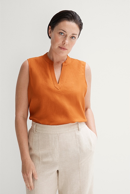 Tangerine Linen Vent Neck Tank - WOMEN Shirts | Trenery