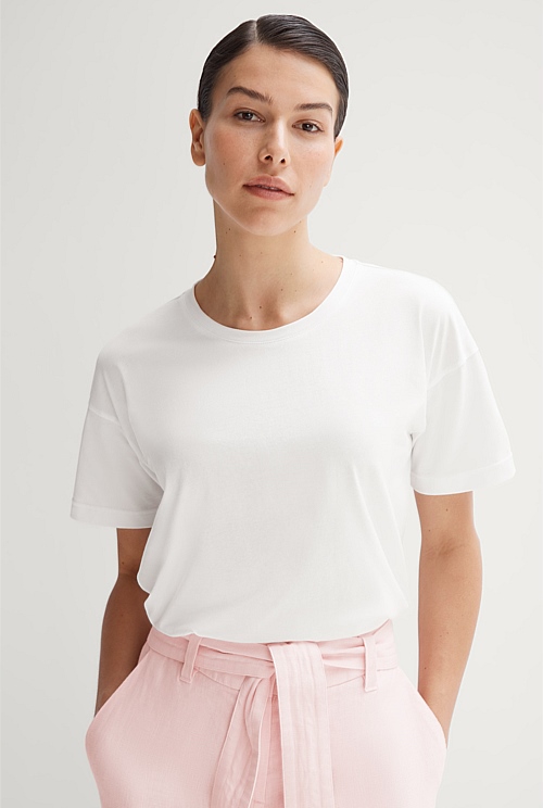 White PIma Cotton A-line T-shirt - WOMEN T-Shirts & Tops | Trenery