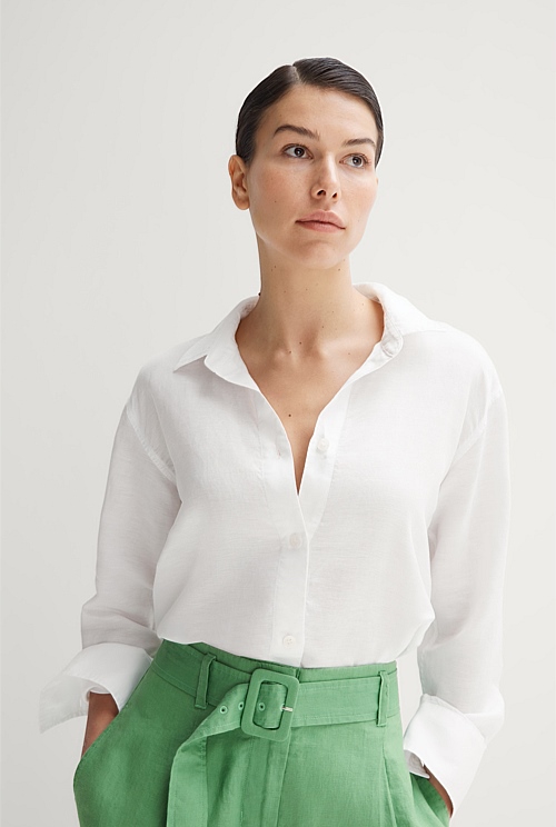 White Linen Blend Relaxed Shirt - WOMEN Shirts | Trenery