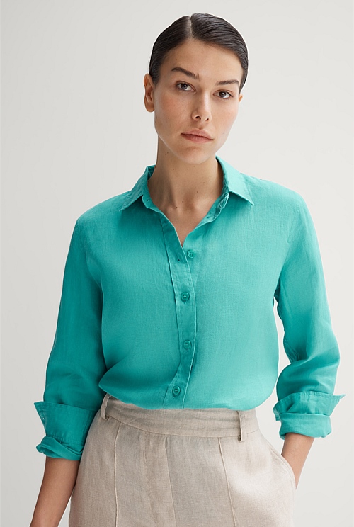 Turquoise Linen Classic Shirt - WOMEN Shirts | Trenery