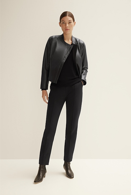 Black Leather Panel Detail Jacket - WOMEN Jackets & Coats | Trenery