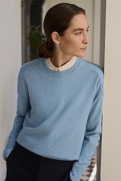 Pale Blue Merino Cashmere Forward Shoulder Seam Knit - WOMEN Knitwear ...