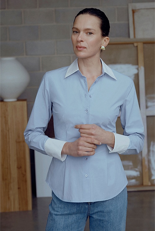 Periwinkle Blue Yarn Dyed Stretch Cotton Slim Line Shirt - WOMEN Shirts ...