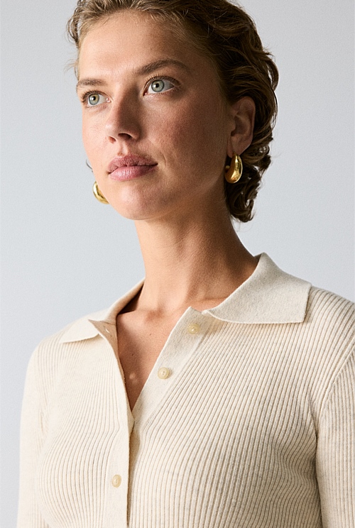 Oatmeal Marle Wool Blend Rib Detail Knit - WOMEN T-Shirts & Tops | Trenery