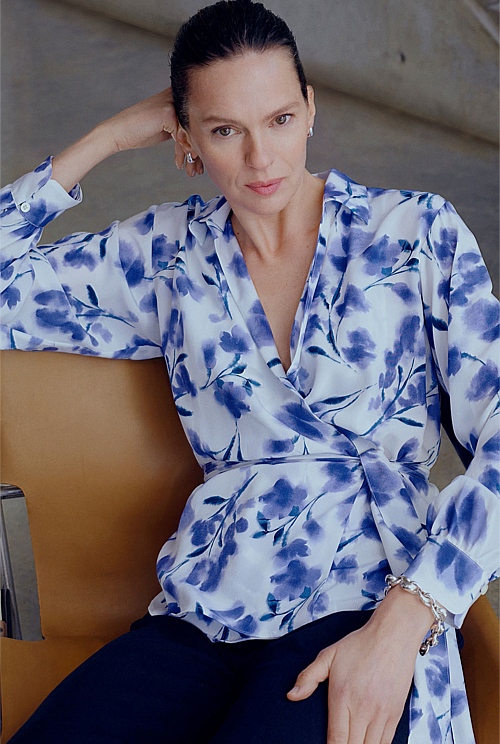 Lilac Ink Blossom Silk Wrap Shirt - WOMEN Shirts | Trenery