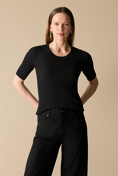 Black Cotton Cashmere Blend Rib Knit T-Shirt - WOMEN T-Shirts & Tops | Trenery