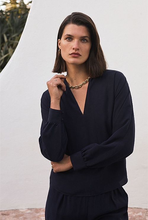 Night Sky Cupro Blend Tie Waist Blouse - WOMEN Shirts | Trenery