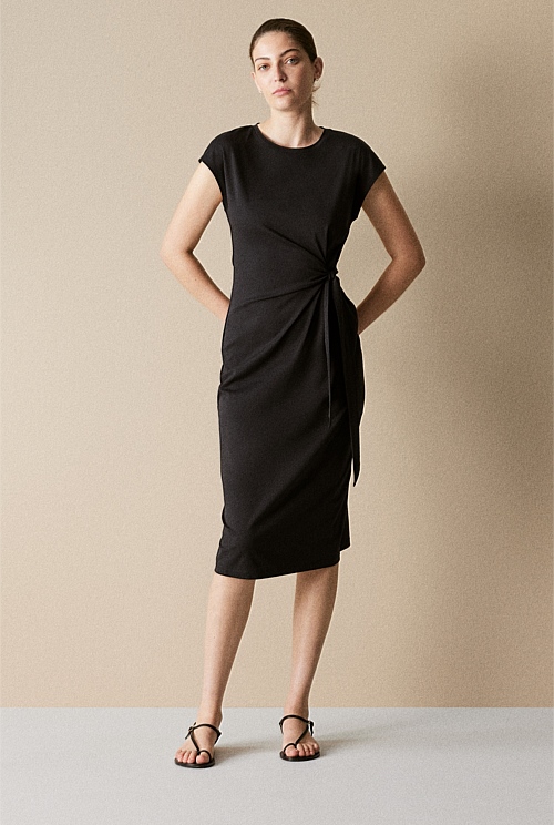 Black Cotton Interlock Wrap Dress - WOMEN Dresses | Trenery