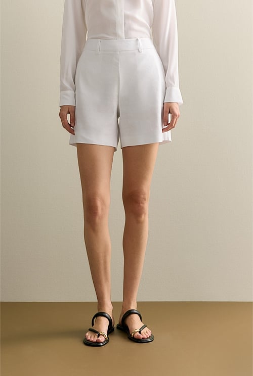 White Linen Blend Twill Smart Short - WOMEN Shorts | Trenery