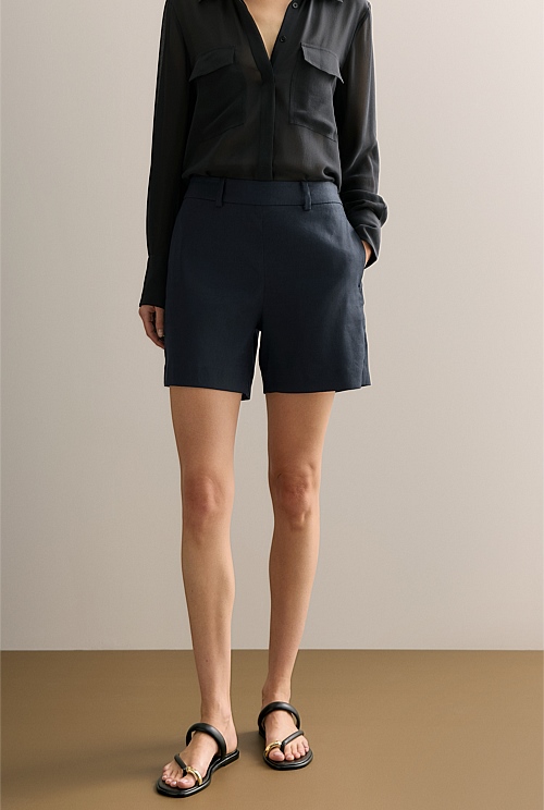 Black Linen Blend Twill Smart Short - WOMEN Shorts | Trenery