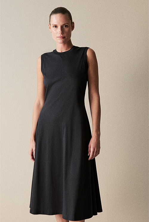 Black Cotton Interlock Tank Dress - WOMEN Dresses | Trenery
