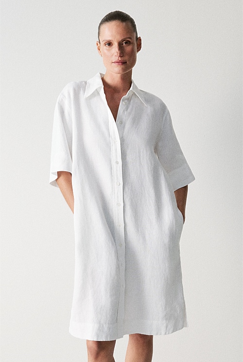 White Linen Shift Dress - WOMEN Dresses | Trenery