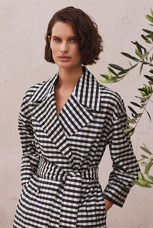 Night Sky Yarn Dyed Check Trench Coat - WOMEN Outerwear | Trenery