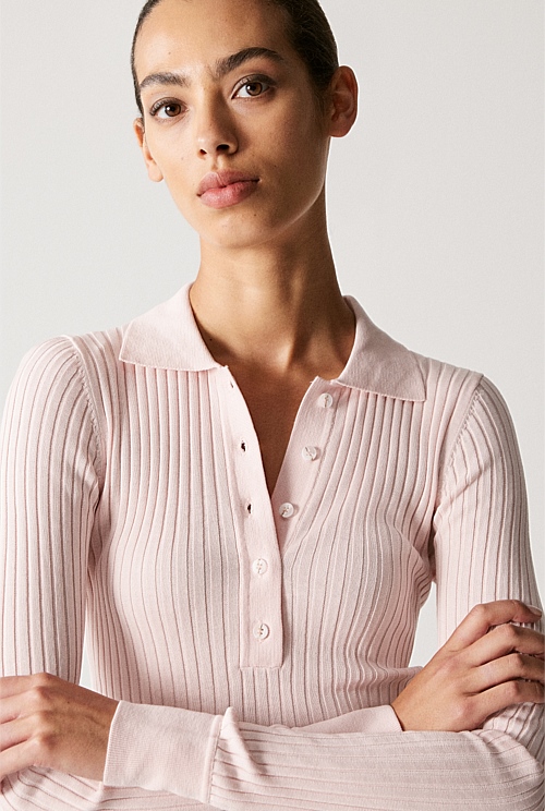 Rose Quartz Silk Cotton Rib Detail Polo - WOMEN Knitwear | Trenery
