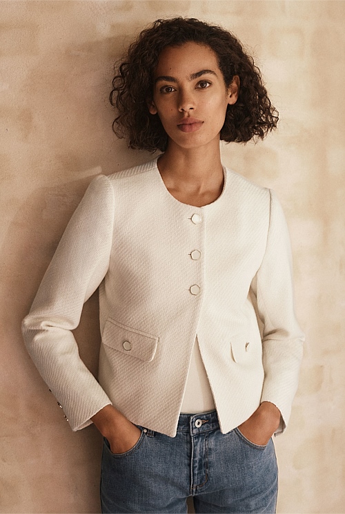 Antique White Italian Tweed Button Detail Jacket - WOMEN Outerwear ...