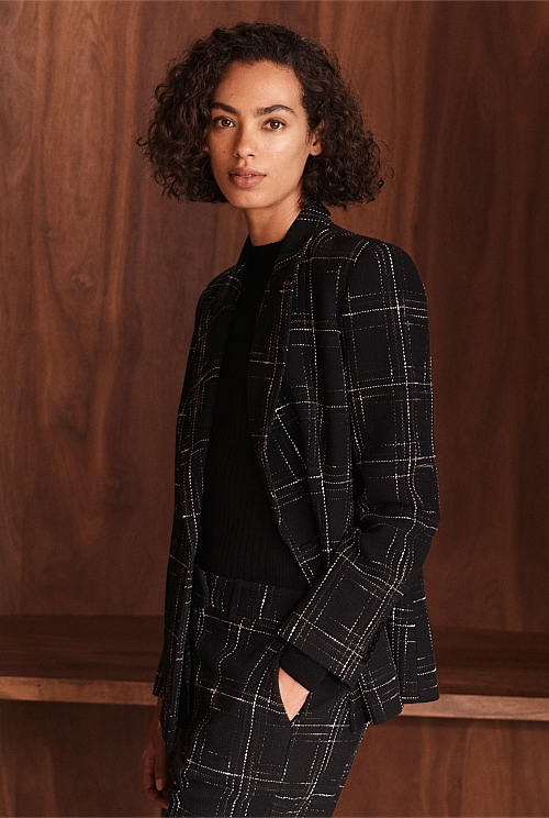 Black Window Pane Check Italian Tweed Blazer - WOMEN Blazers | Trenery