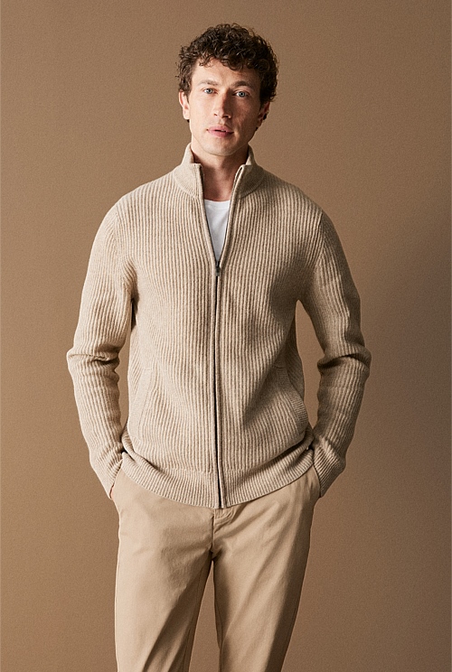Oatmeal Merino Plaited Rib Zip Through Cardigan - MEN Knitwear | Trenery