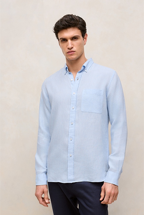 Fresh Blue Regular Fit Delave Linen Long Sleeve Shirt - MEN Linen Long ...