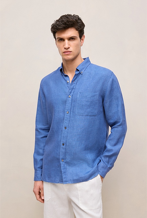 Mineral Blue Regular Fit Delave Linen Long Sleeve Shirt - MEN Best ...