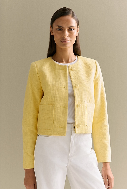 Pastel Yellow Cotton Tweed Cropped Jacket - WOMEN Outerwear | Trenery