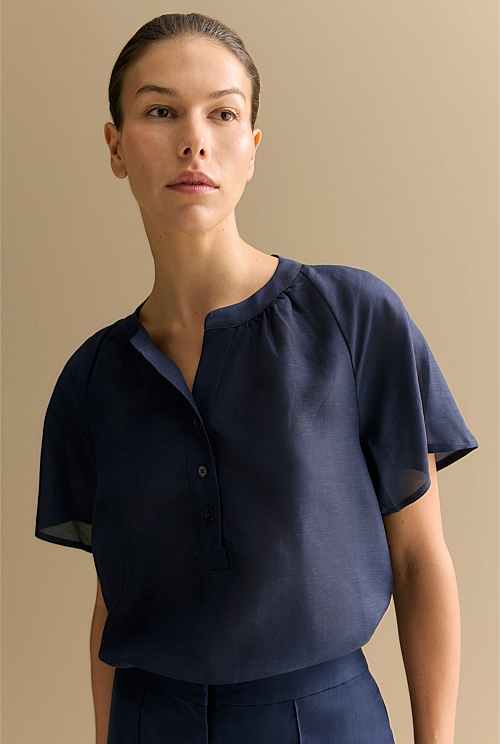 Navy Gather Detail Flutter Sleeve Blouse - WOMEN Shirts | Trenery