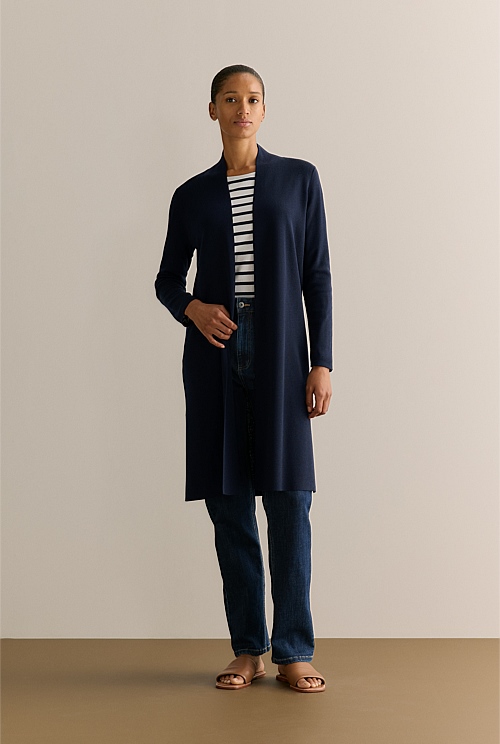 Navy Merino Longline Cardigan - WOMEN Cardigans | Trenery