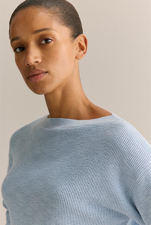 Powder Blue Cotton Linen Boat Neck Knit - WOMEN Knitwear | Trenery