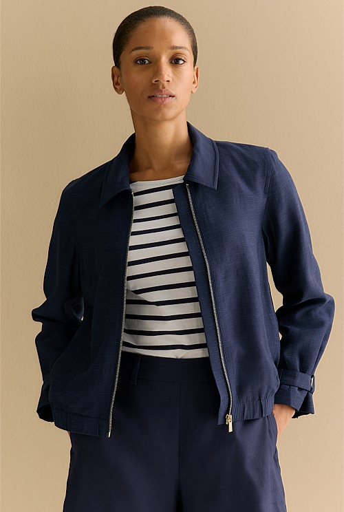 Navy Draped Zip Through Blouson Jacket - WOMEN Outerwear | Trenery