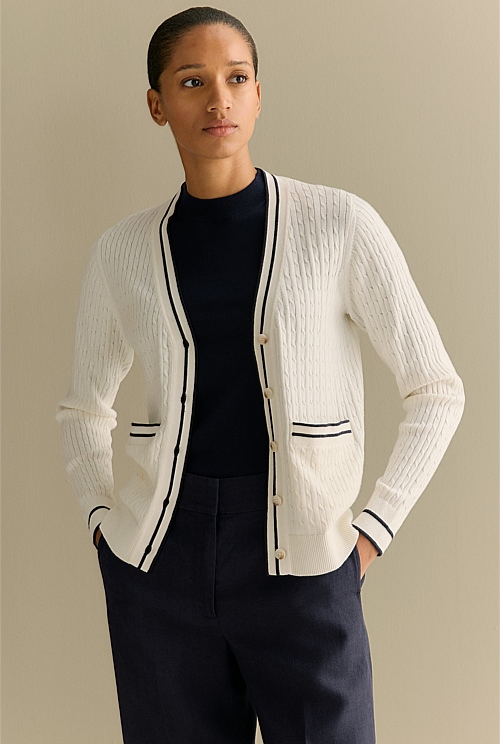 Ivory Cotton Cashmere Cable Tipped Cardigan - WOMEN Cardigans | Trenery